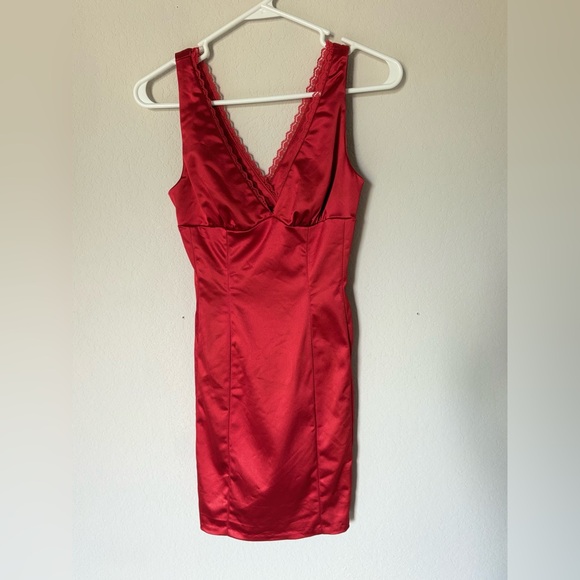bebe | Dresses | Bebe Vintage 9s Bebe Red Satin Empire Waist Lace Trim ...